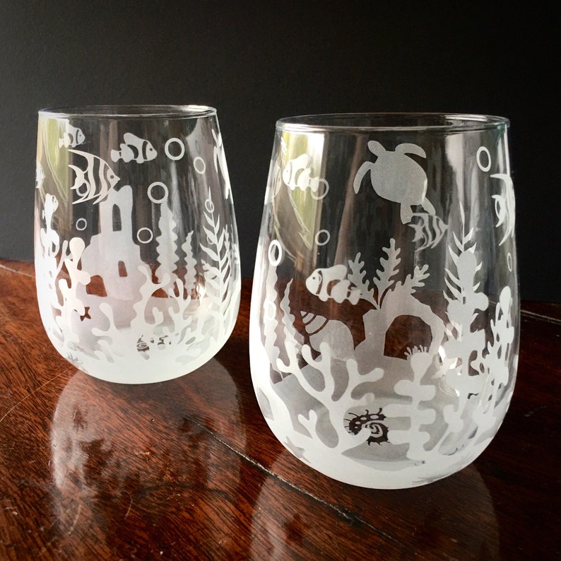 Ocean Life Etched Glasses, Marine Life Wine Glass, Coral Reef Glass ...