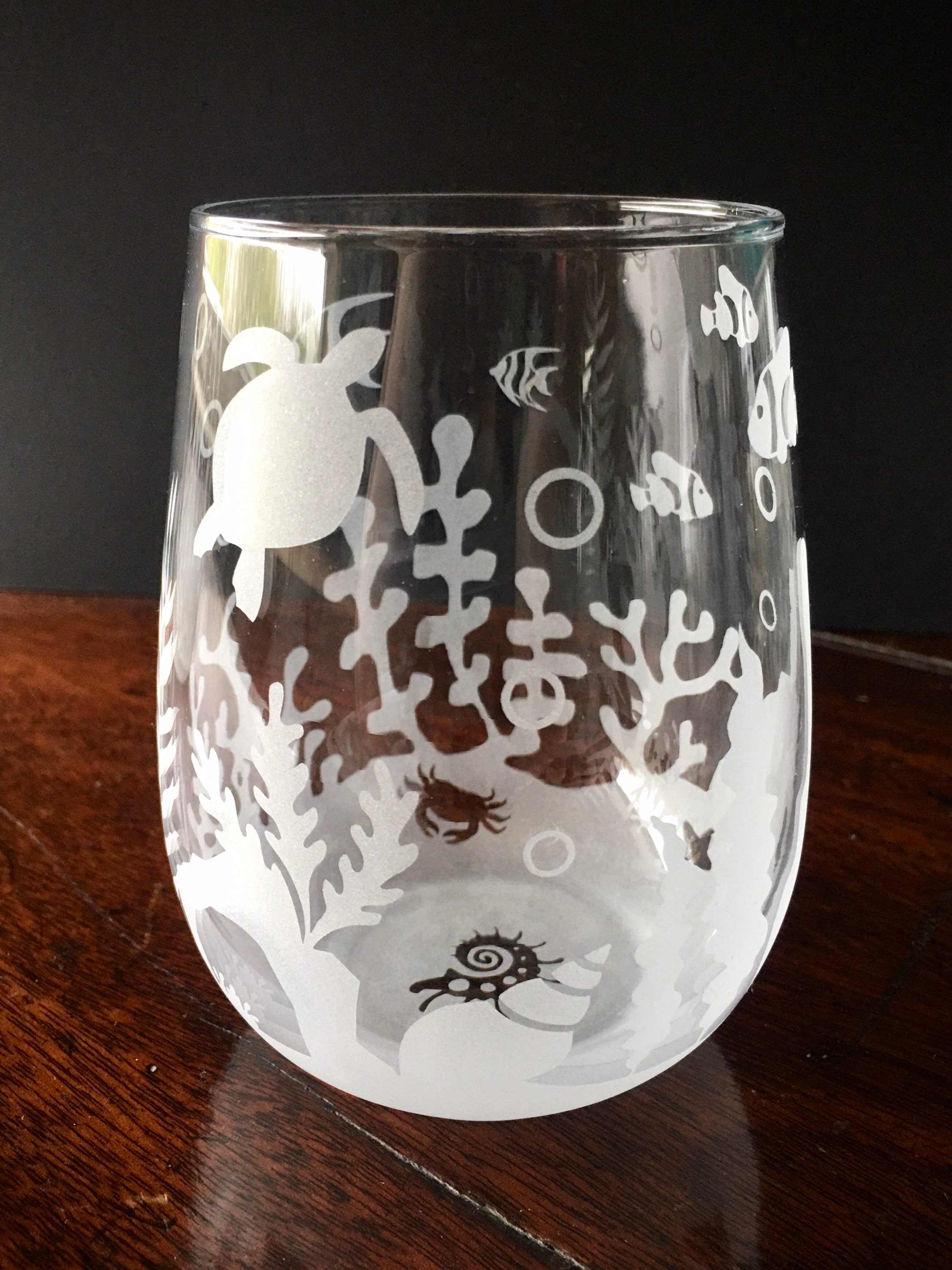 Ocean Life Etched Glasses, Marine Life Wine Glass, Coral Reef Glass ...