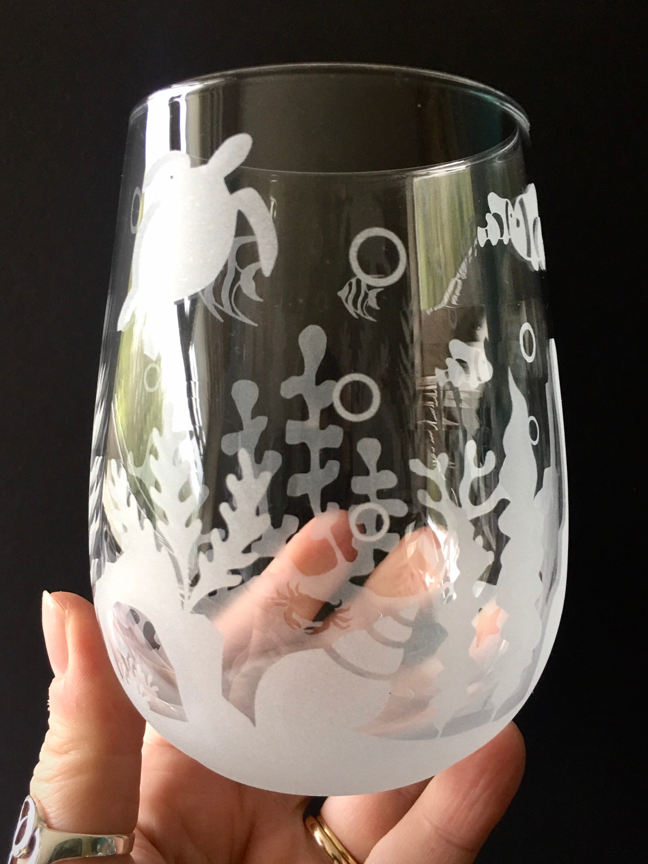 Ocean Life Etched Glasses, Marine Life Wine Glass, Coral Reef Glass ...