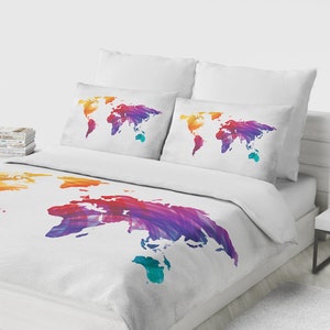 World Map Bedding, Watercolor Map Duvet Cover Set, Map Bedding, Boho ...