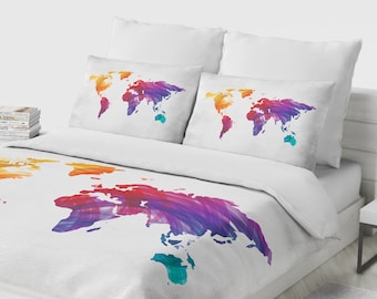 World Map Bedding Watercolor Map Duvet Cover Set | Etsy