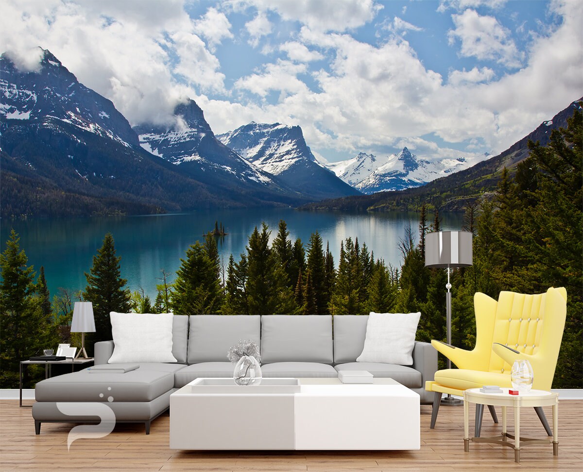 Mountain Lake WALL MURAL Forest Wall Covering Mountain Wall - Etsy
