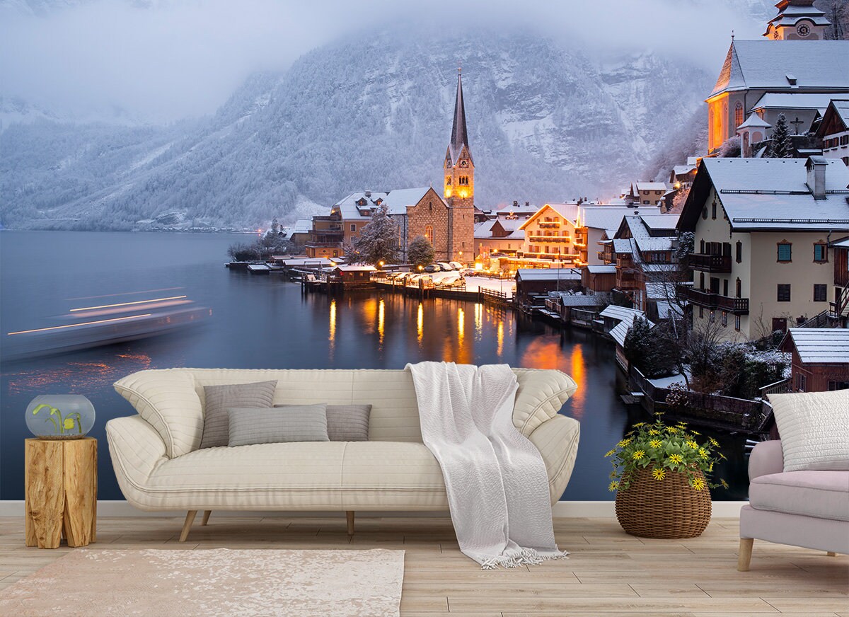 Hallstatt WALLPAPER MURAL Snowy Winter Scene Mural Large | Etsy