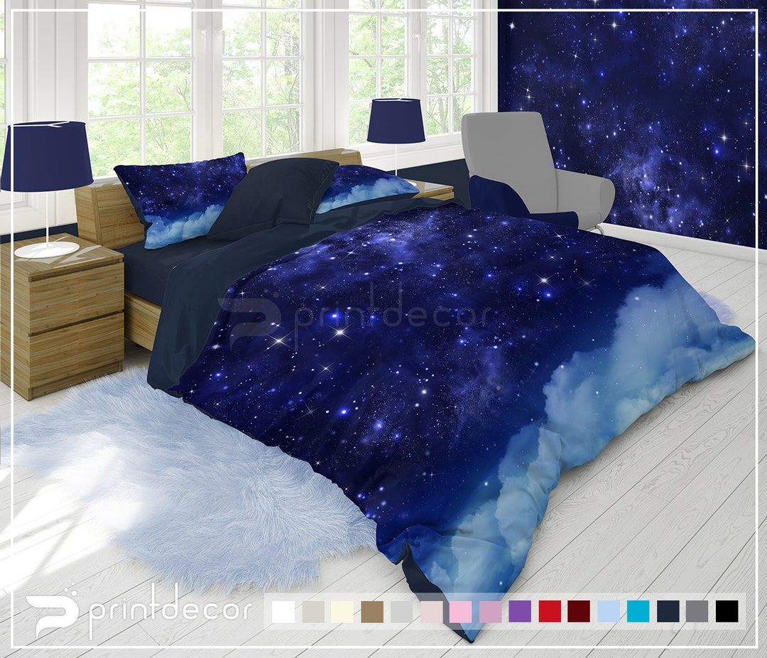 Night Sky Stars Bedding Set, Clouds Duvet Cover Set, Blue Stars Bedding ...