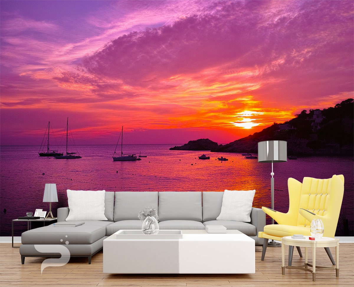 Purple Sunset WALL MURAL Ocean View Wall Covering Motor | Etsy