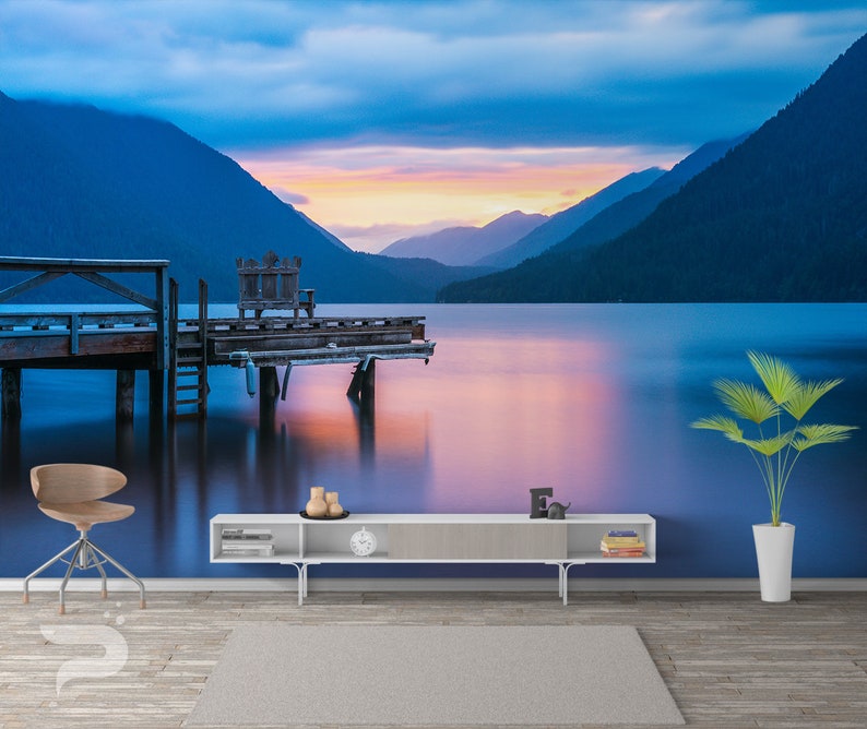 Lake Sunrise WALL MURAL Mountain Forest Wallpaper Morning - Etsy