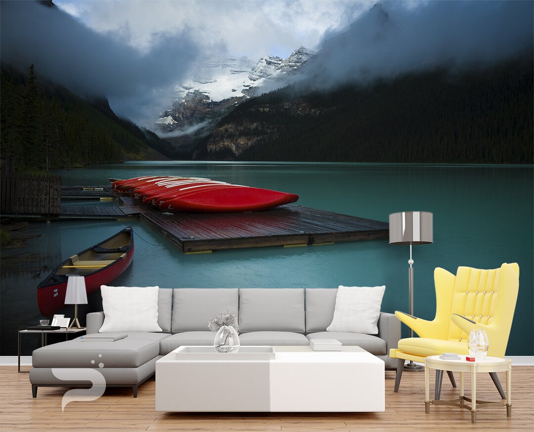 Morning by the Lake WALL MURAL, Forest Wall Covering, Mountain Wall Art ...