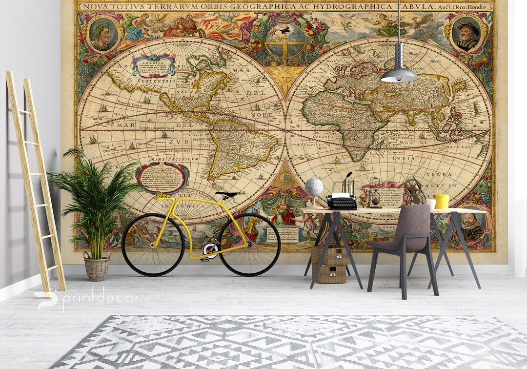 Beautiful Old World Map WALL MURAL, Colorful Map Wallpaper, Vintage ...