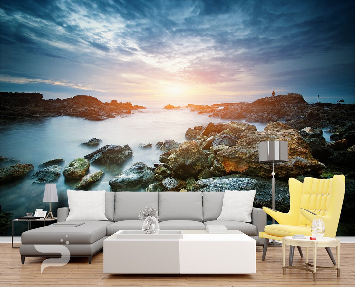 Rocky Sunrise MURAL Ocean Sunrise Wallpaper Mural Large Wall - Etsy