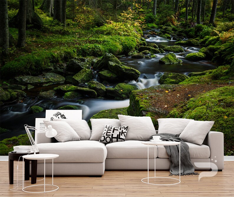 Forest Stream MURAL Green Forest Wallpaper Forest Brook Wall - Etsy