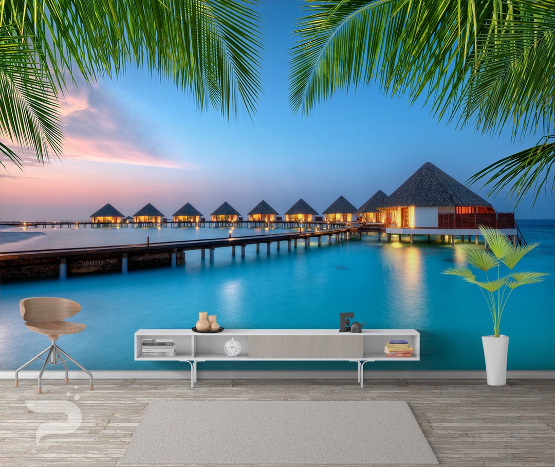 Tropical Resort MURAL, Beach Wallpaper, Carribean Sunset Wall Mural ...