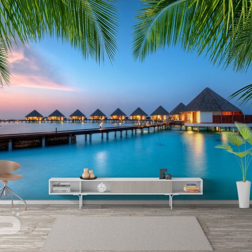 Tropical Beach WALL MURAL Palms Wall Covering Beach Sunset - Etsy Canada