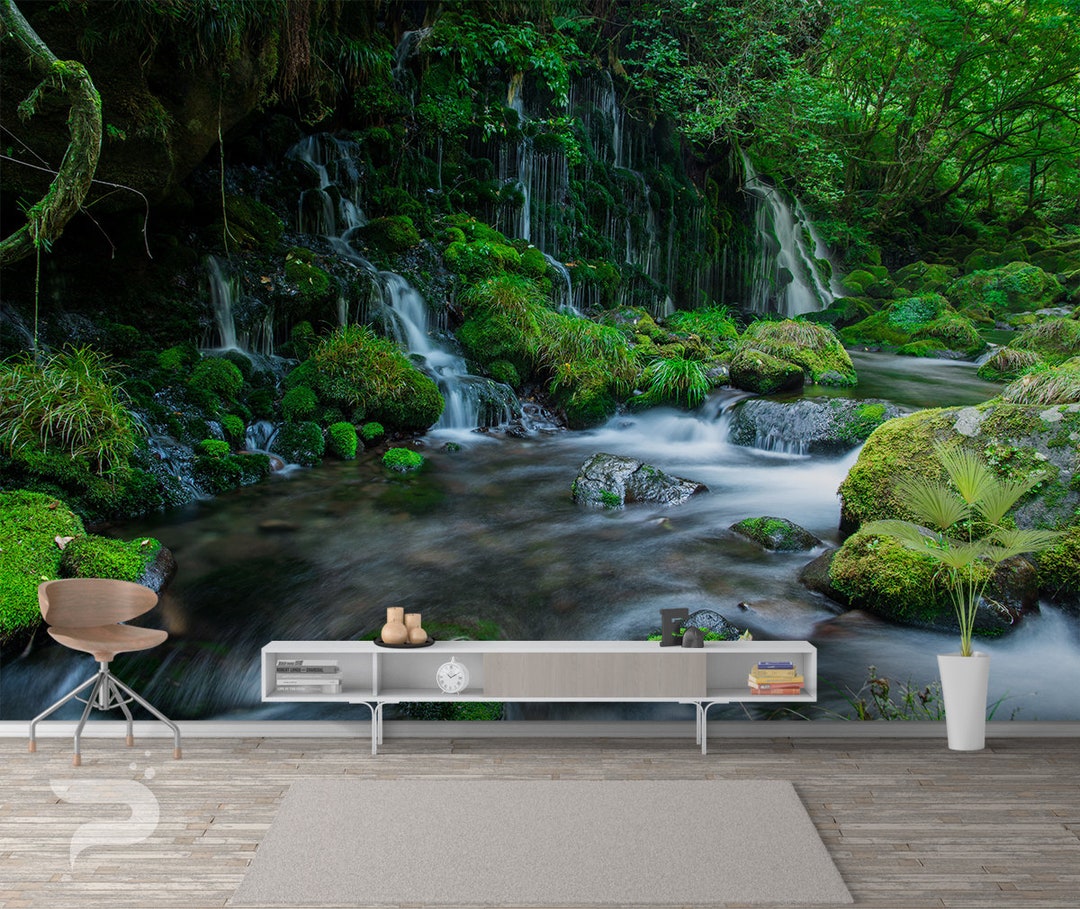 Forest Waterfall MURAL, Green Forest Wallpaper, Forest Brook Wall Mural ...