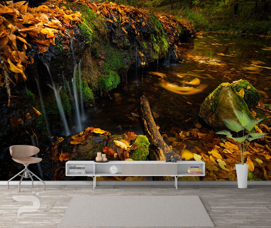 Small Autumn Waterfall WALL MURAL, Autumn Forest Wallpaper Mural, Large ...
