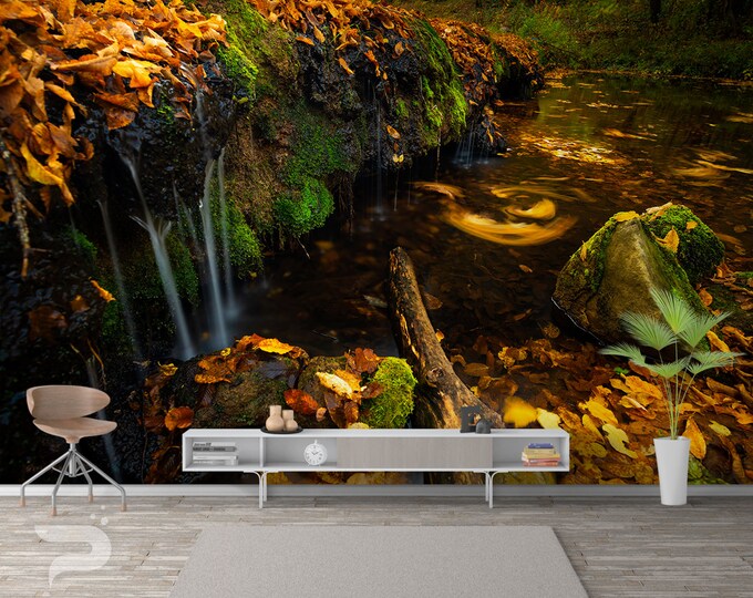 Small Autumn Waterfall WALL MURAL, Autumn Forest Wallpaper Mural, Large ...