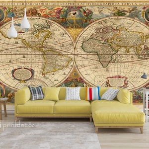 Beautiful Old World Map WALL MURAL, Colorful Map Wallpaper, Vintage ...