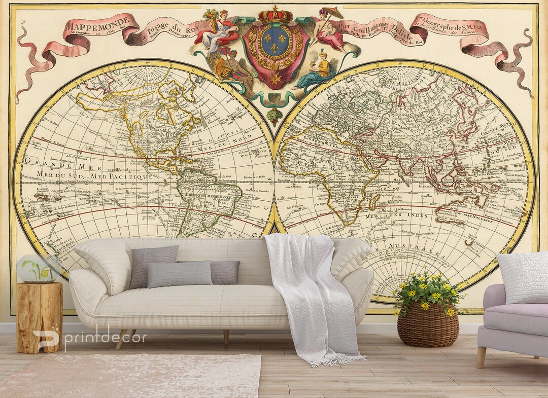 1755 World Map WALL MURAL, Vintage World Map Wallpaper, Old Colorful ...