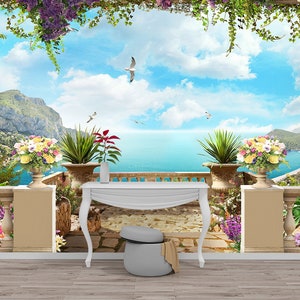 Mediterranean Terrace WALLPAPER MURAL, Terrace Garden Wall Mural, Large ...