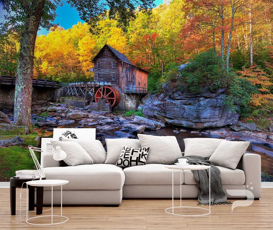 The Old Watermill WALL MURAL, Forest Wall Covering, Colorful Autumn ...