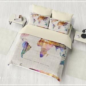 Travel Map Bedding, Boho Adventure Map Duvet Cover Set, Grunge Quote ...