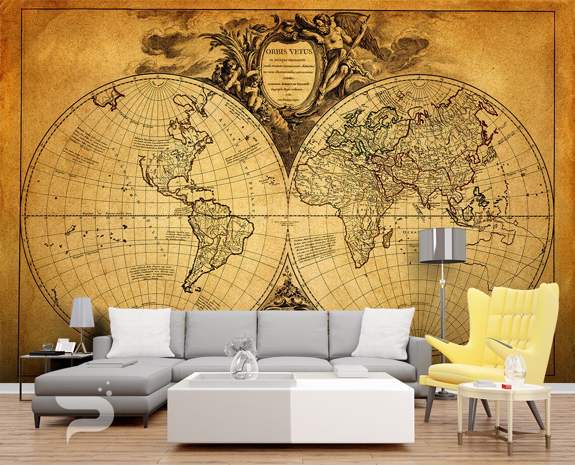 World Map WALL MURAL Old Map Wallpaper Vintage Marine Map of | Etsy