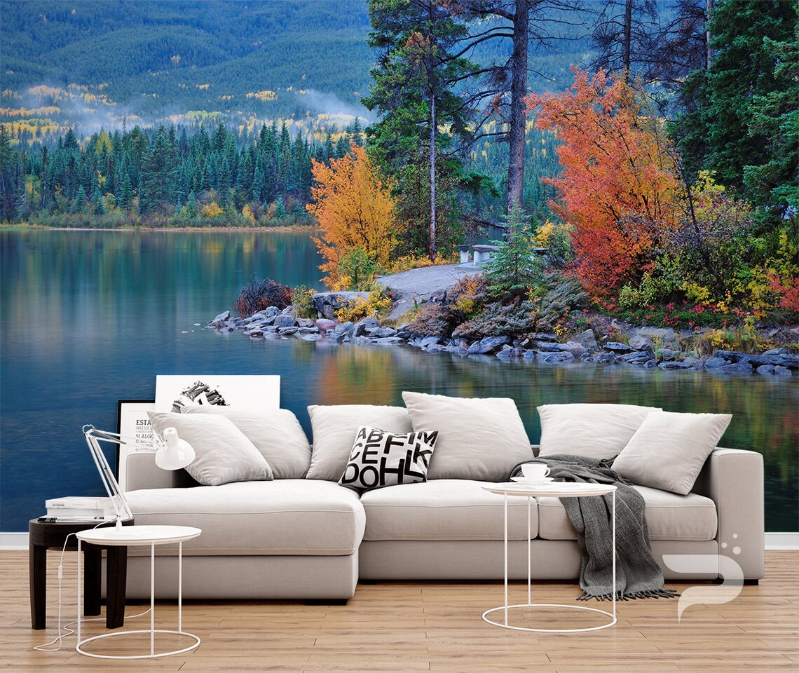 Autumn Lake WALL MURAL Forest Wall Covering Colorful Lake - Etsy