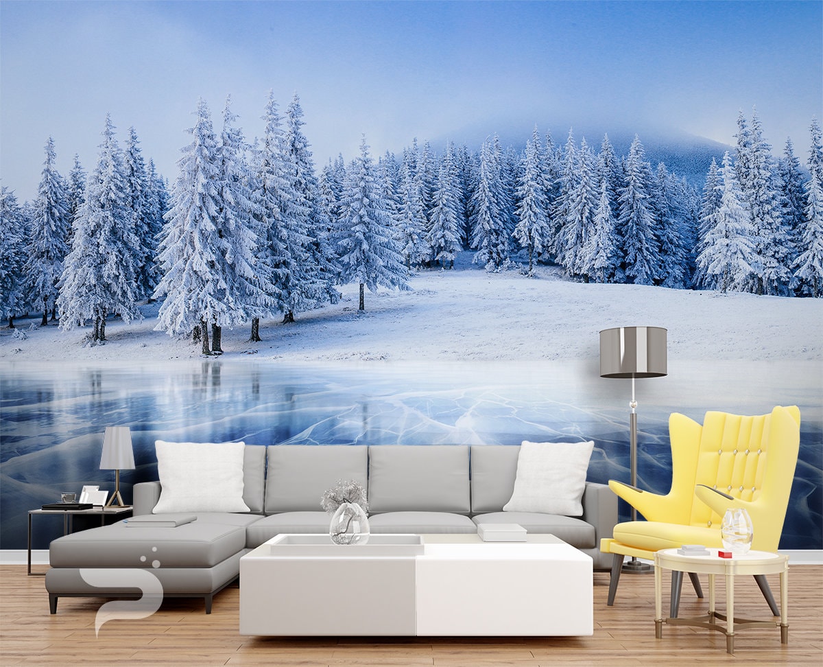 Winter Forest WALL MURAL Frozen Lake Wallpaper Large Wall | Etsy