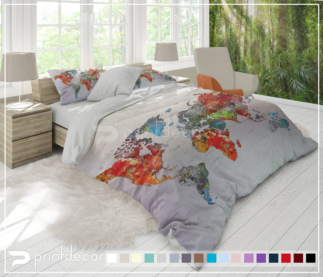 Travel Map Bedding, Boho Adventure Map Duvet Cover Set, Modern Grunge ...
