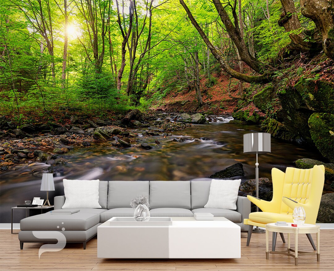 Mountain Forest River WALL MURAL, Forest Brook Wallpaper Mural, Large ...