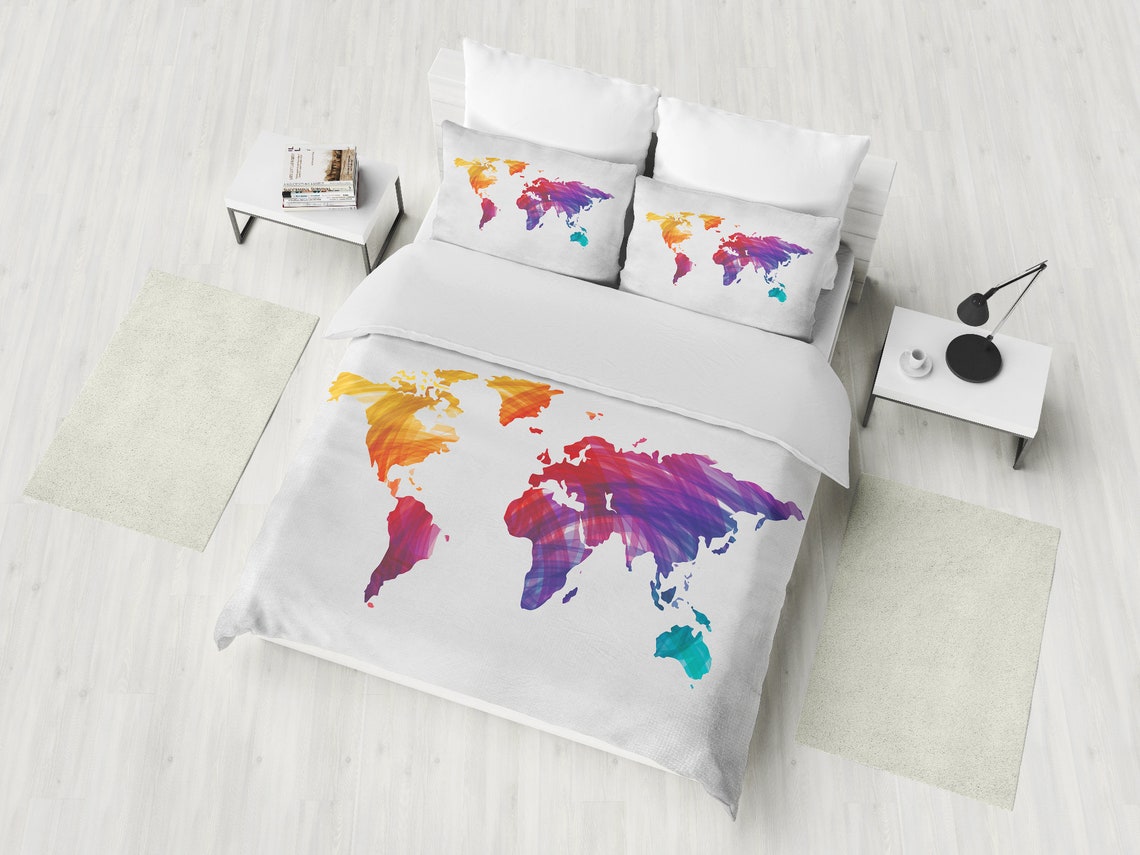 World Map Bedding Watercolor Map Duvet Cover Set Map - Etsy