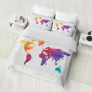 World Map Bedding, Watercolor Map Duvet Cover Set, Map Bedding, Boho ...