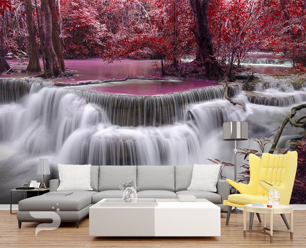 Colorful Waterfall WALL MURAL Autumn Forest Wallpaper 3D - Etsy