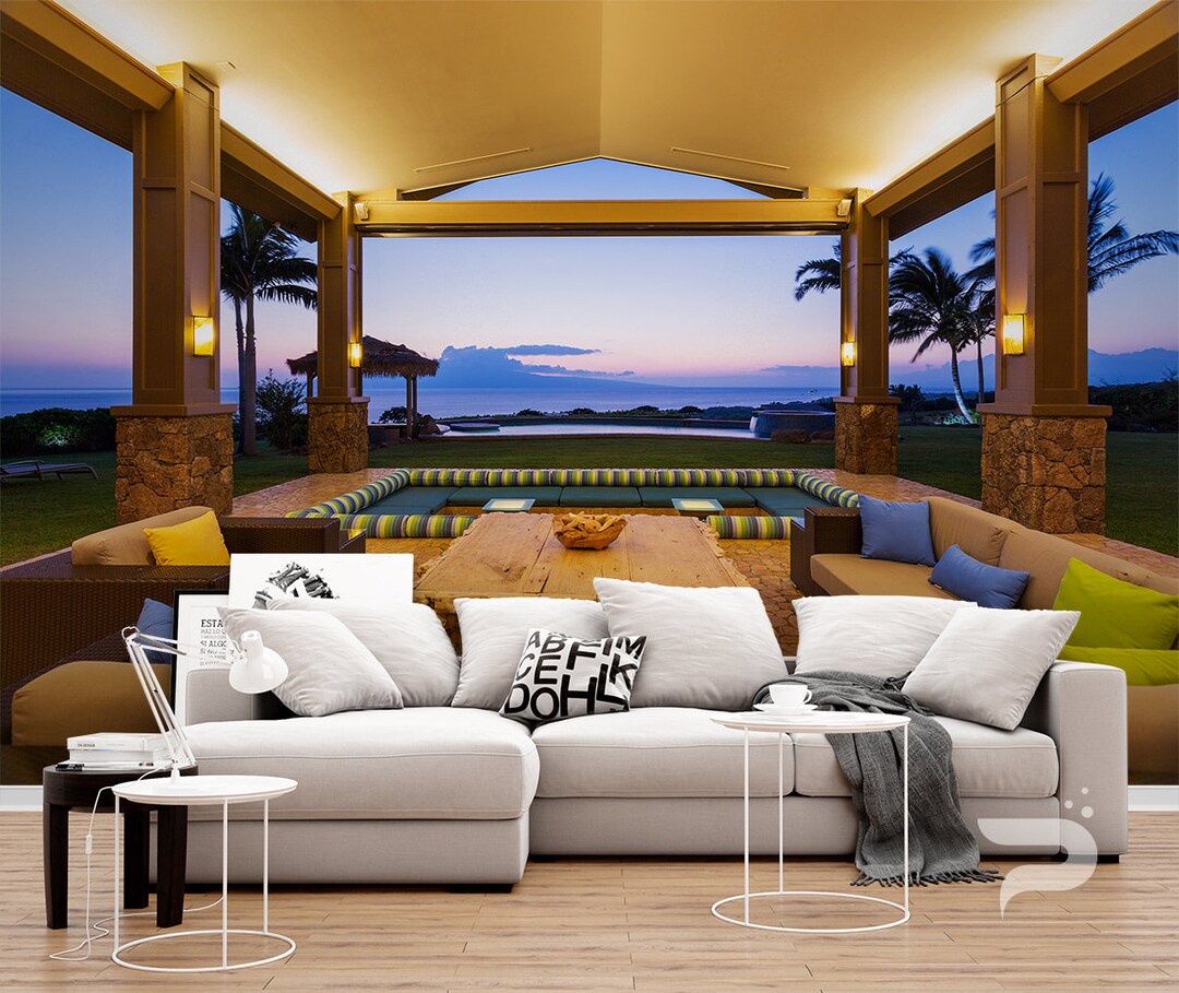 Veranda WALL MURAL, Porch Wall Covering, 3D Verandah Sunset Wall Art ...