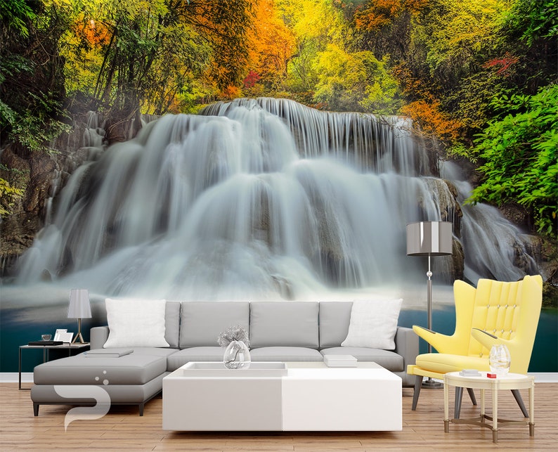 Autumn Waterfall WALL MURAL Forest Wall Covering Colorful - Etsy