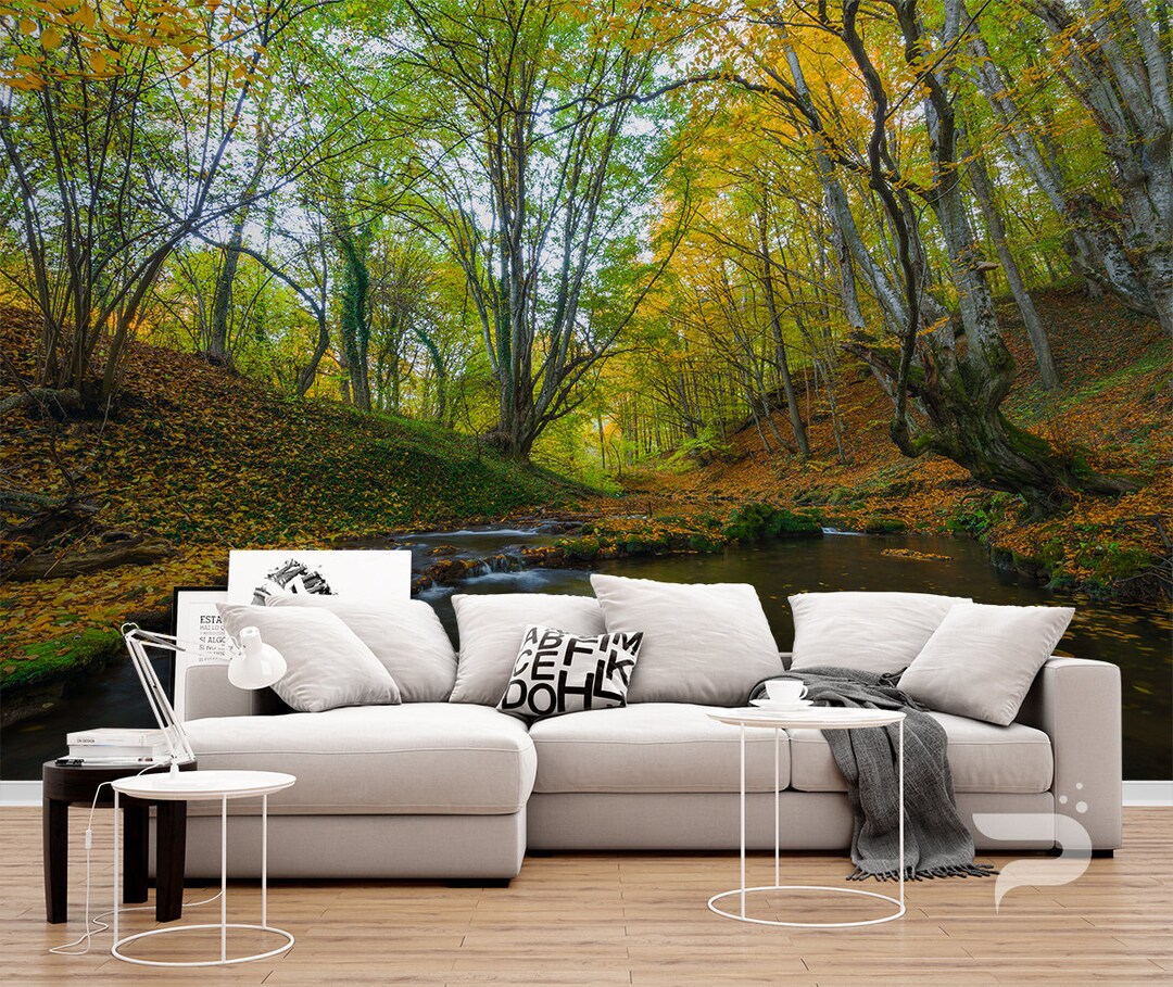 Autumn River WALL MURAL, Autumn Forest Wallpaper Mural, Large Wall ...