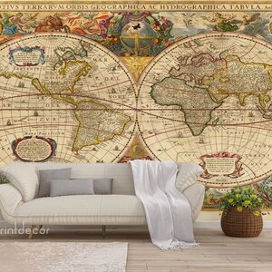 Beautiful Old World Map WALL MURAL, Colorful Map Wallpaper, Vintage ...