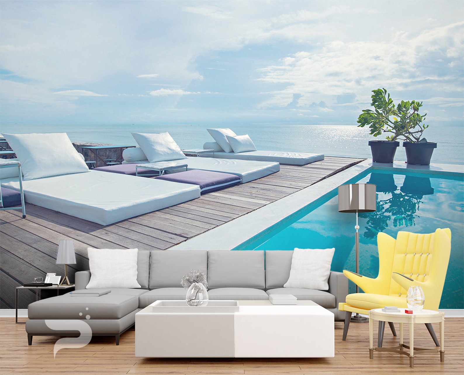 Luxury Pool Deck MURAL Summer Wallpaper Sea View Wall Mural | Etsy