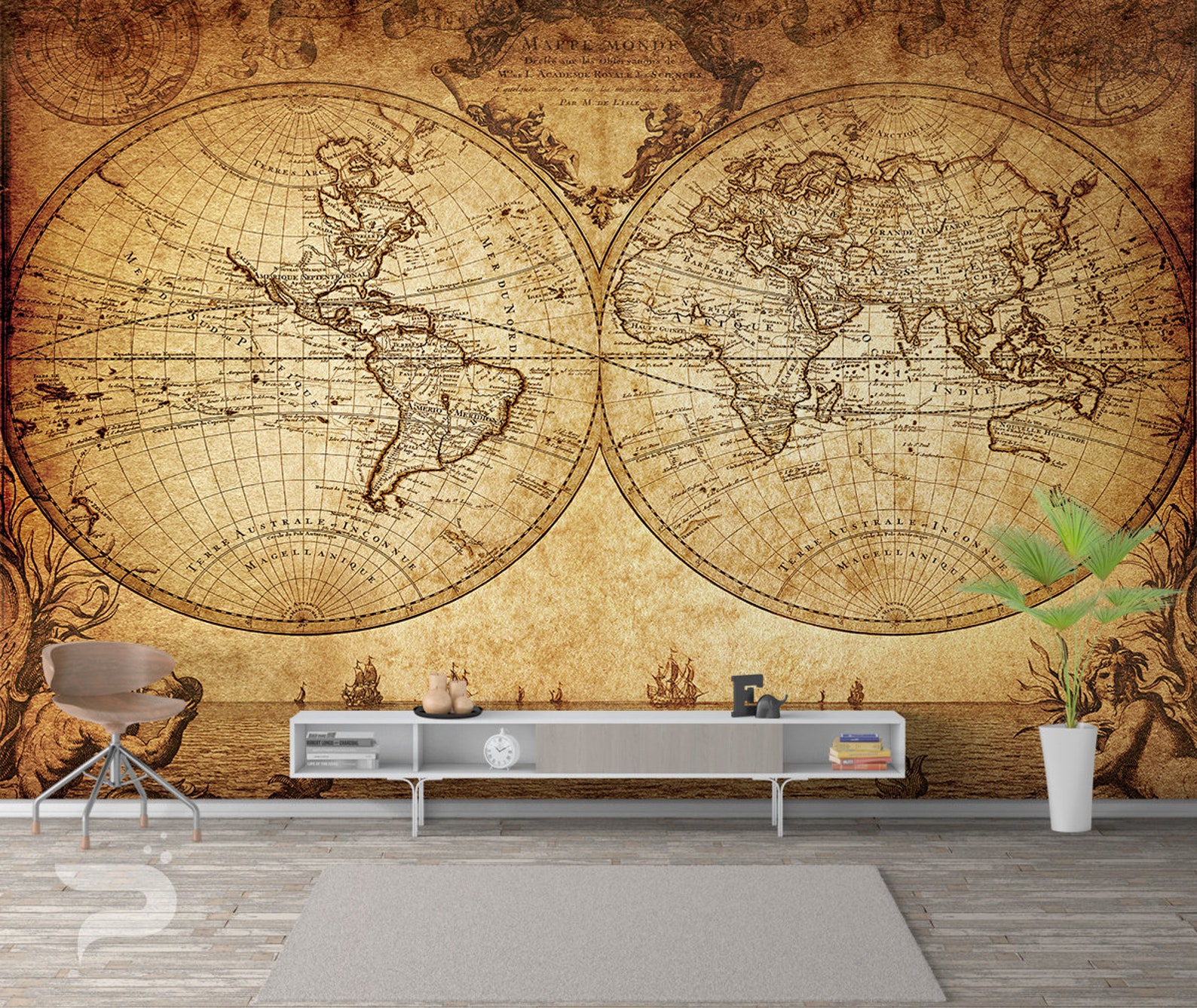Beautiful Old Map WALL MURAL, Vintage Map Wall Covering, Nautical World ...