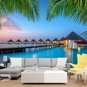 Tropical Resort MURAL, Beach Wallpaper, Carribean Sunset Wall Mural ...