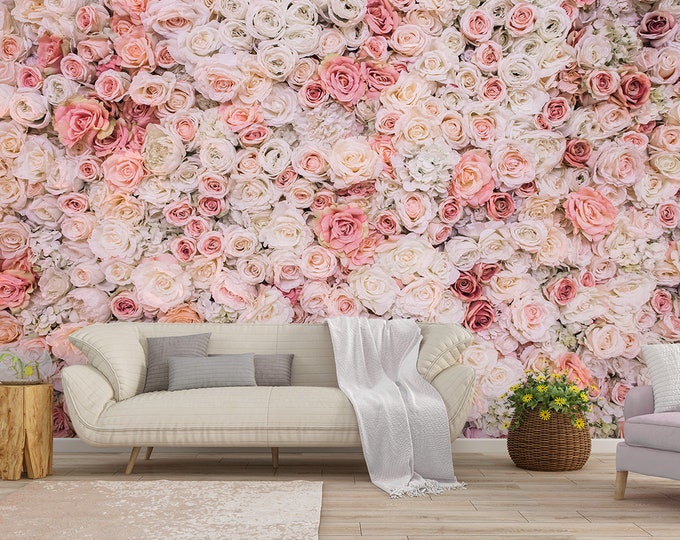 Pink Flowers WALLPAPER MURAL, Floral Wall Mural, Large Wall Mural, Self ...