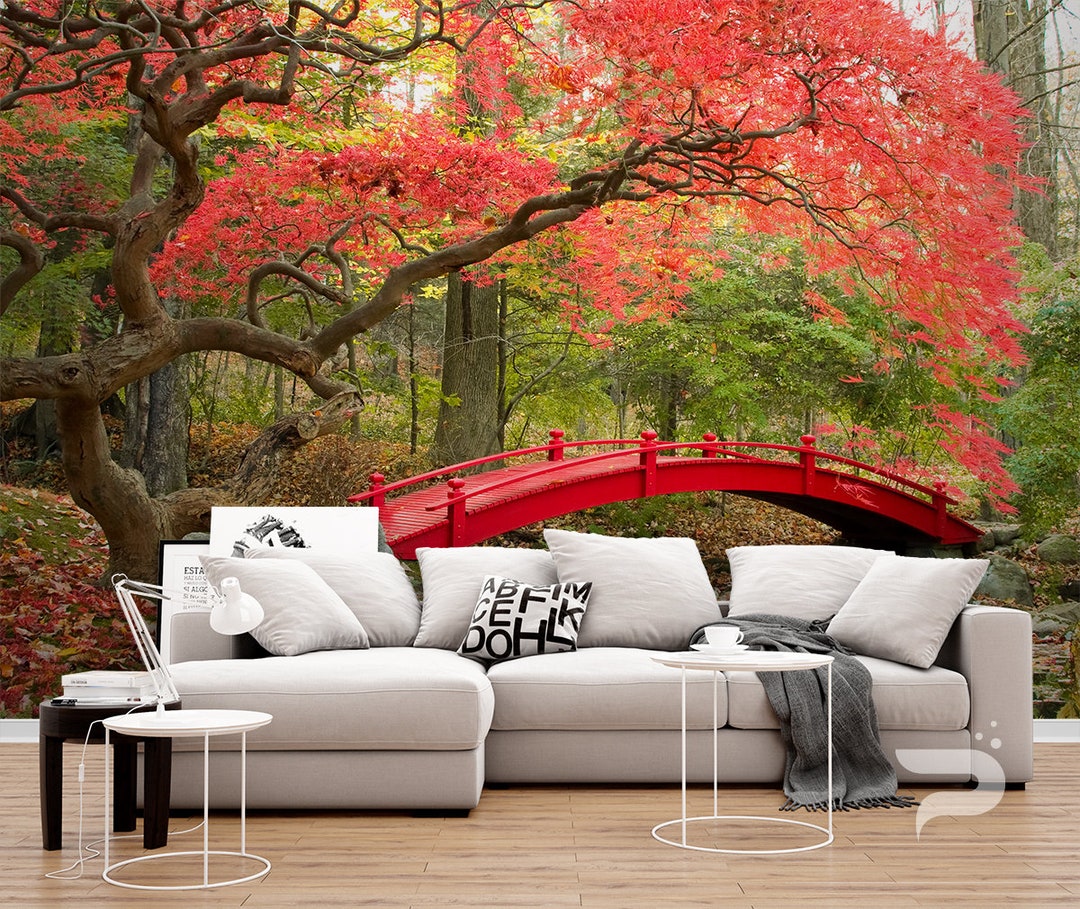 The Red Tree WALL MURAL, Autumn Tree Wallpaper, Large Wall Mural, Self ...