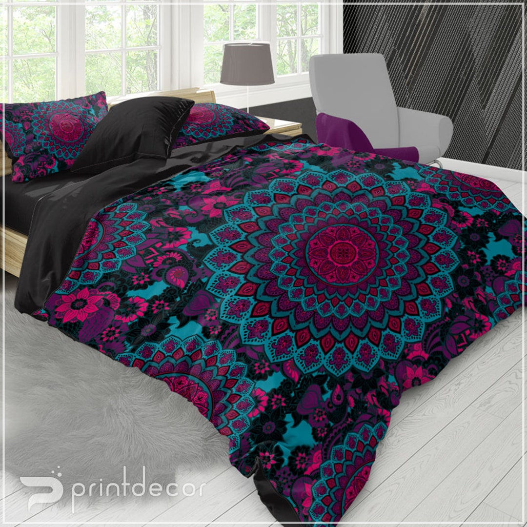 Bohemian Mandala Bedding Set, Boho Chic Purple Pink and Turquoise ...