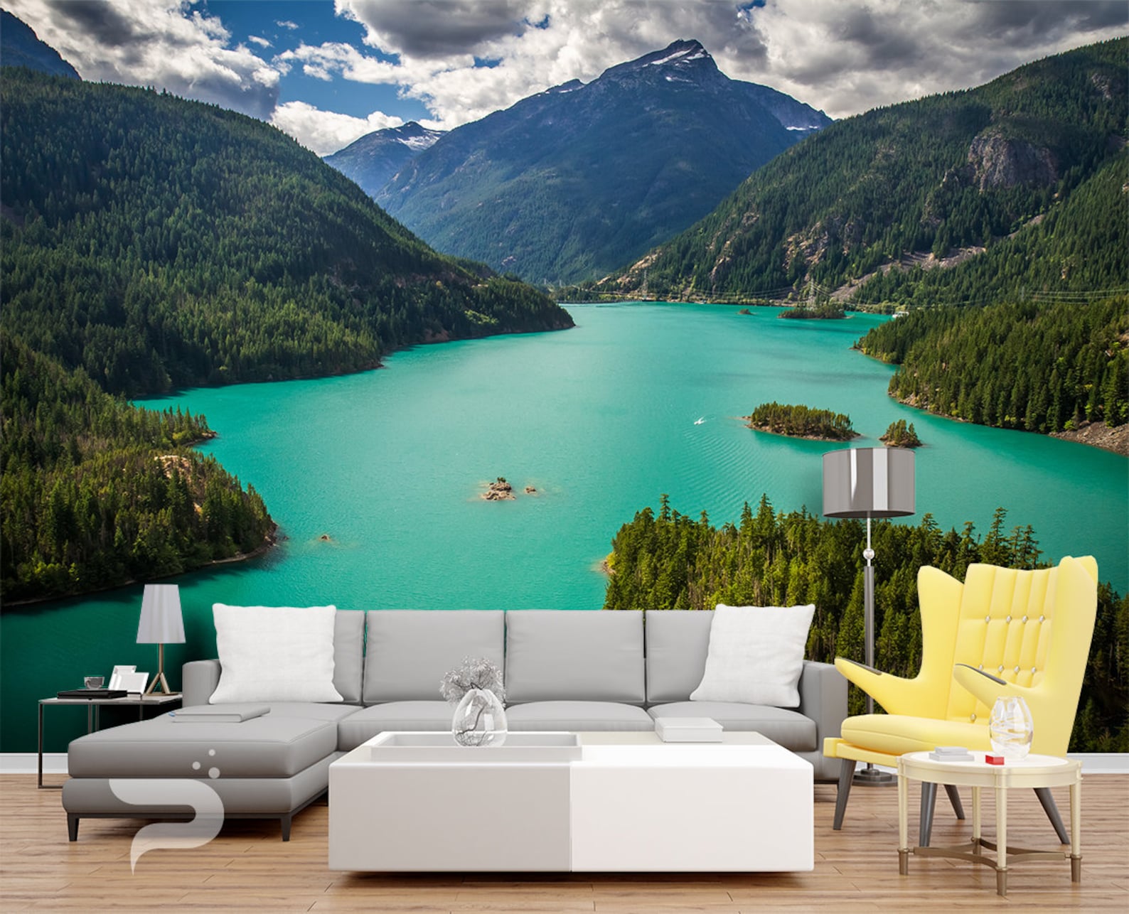 Mountain Lake WALL MURAL Green Lake Wallpaper Large Wall - Etsy