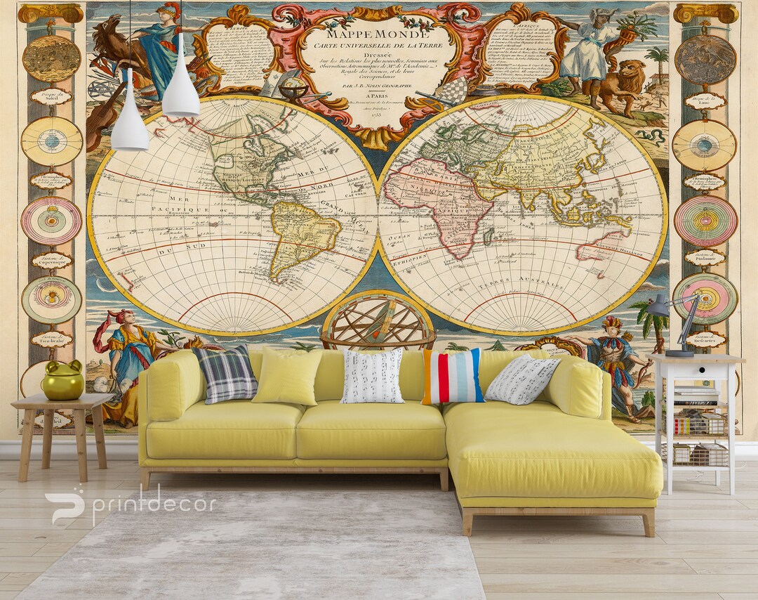 Old Colorful World Map WALL MURAL, Vintage Map Wallpaper, Beautiful ...