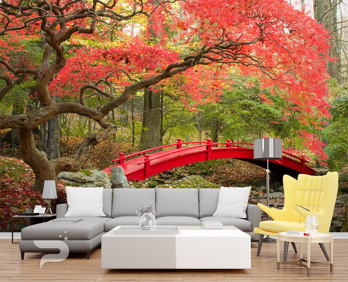 The Red Tree WALL MURAL Autumn Tree Wallpaper Large Wall | Etsy