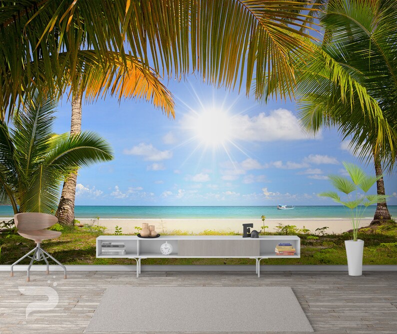 Beach Palms WALL MURAL Beach Wall Covering Tropical Beach | Etsy