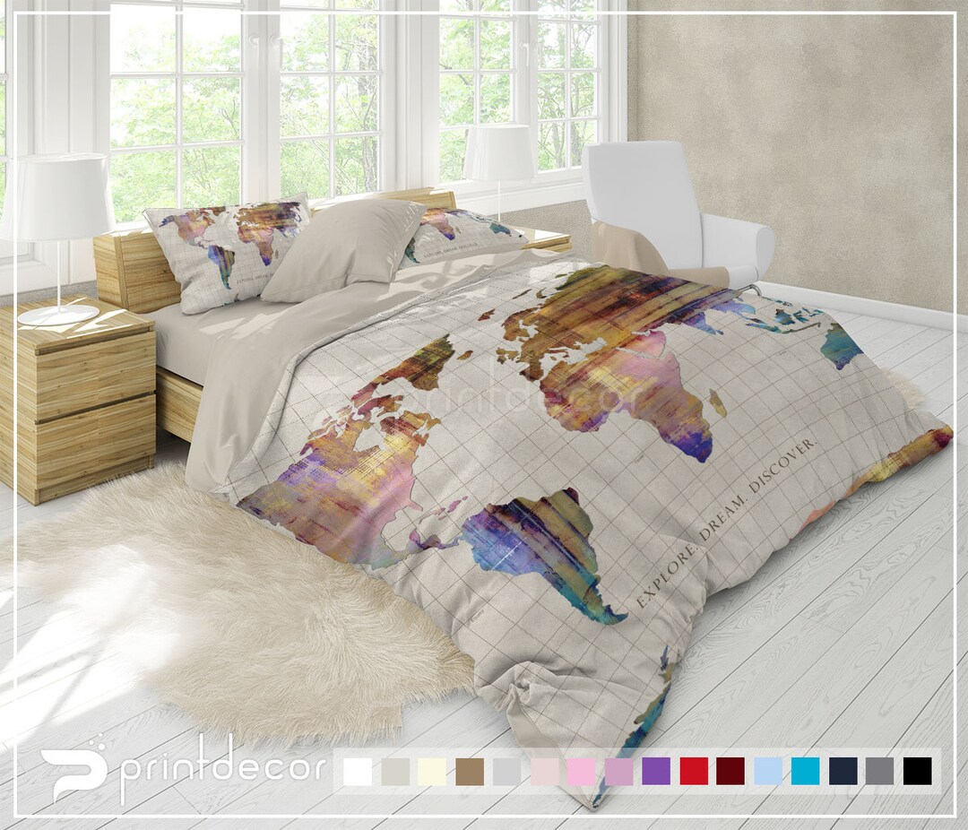 Travel Map Bedding, Boho Adventure Map Duvet Cover Set, Grunge Quote ...