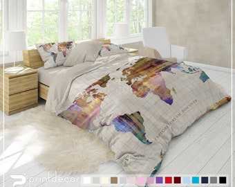 Travel Map Bedding Boho Adventure Map Duvet Cover Set | Etsy