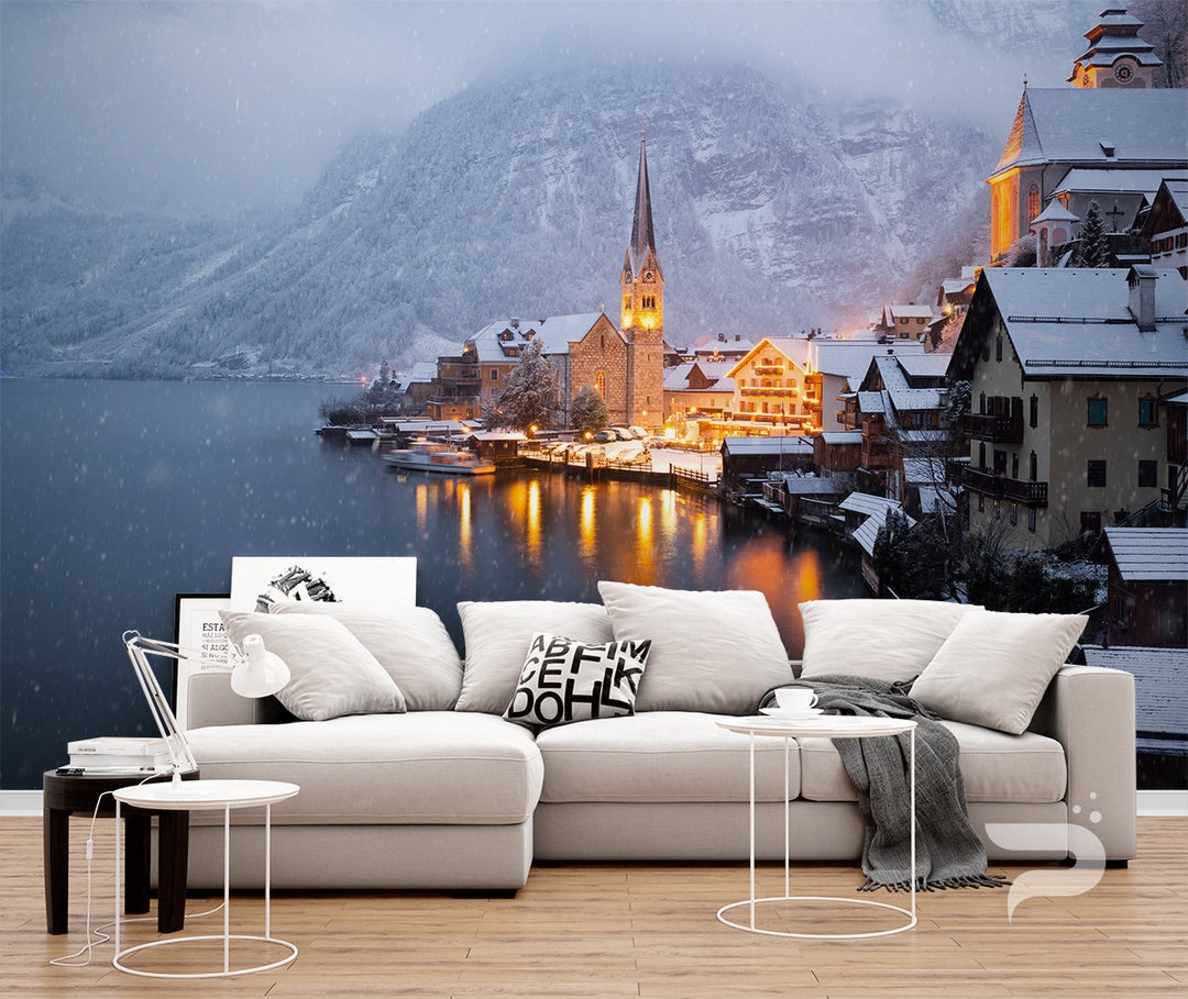 Snowstorm by the Lake WALL MURAL, Snowy Winter Scene Wallpaper Mural ...