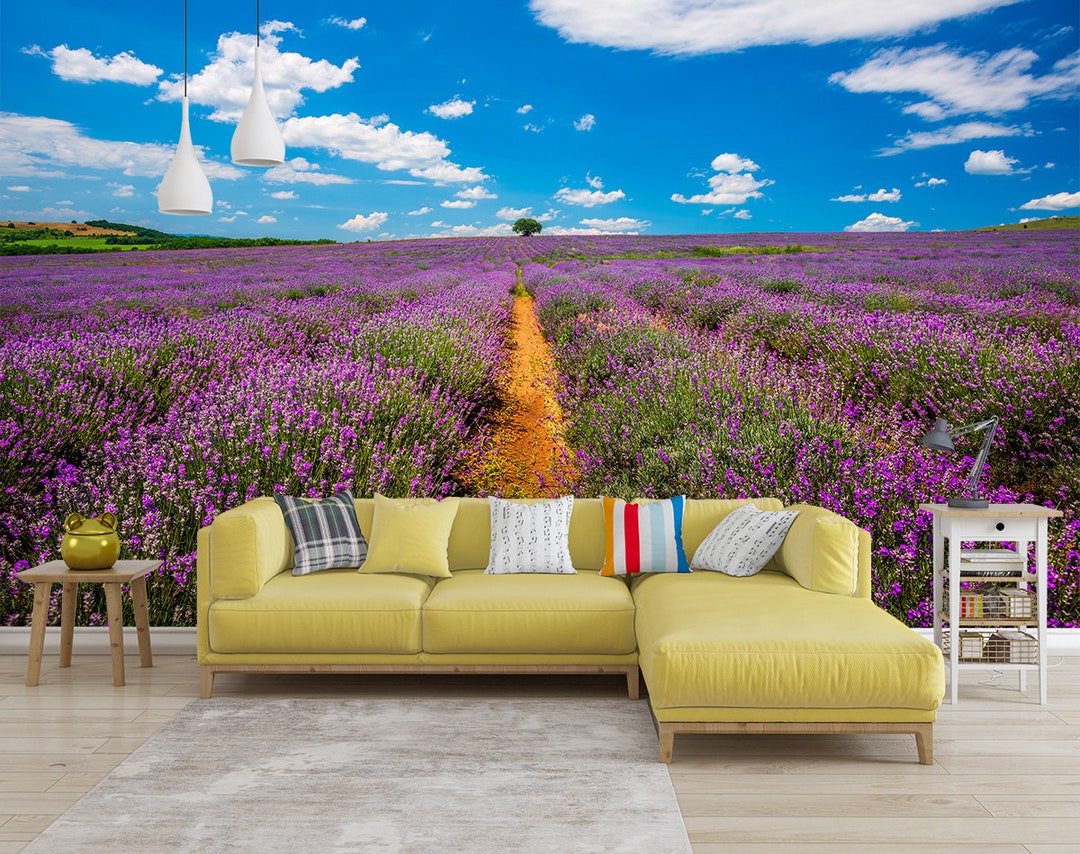 Lavender Field WALLPAPER MURAL, Lavender Mural, Purple Landscape Wall ...